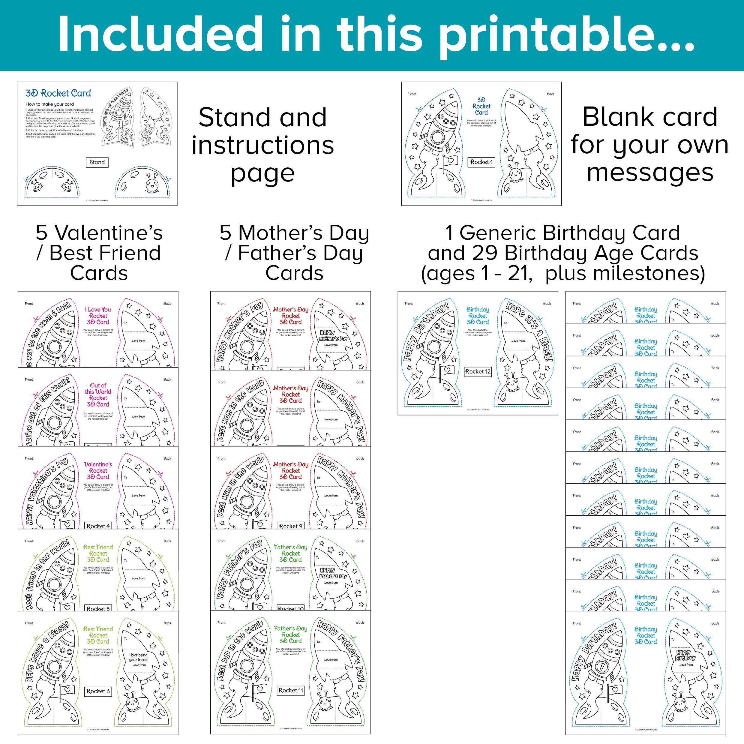 3D Rocket Card Craft, Kids Father's Day Space Coloring Gift, Cut-out ...