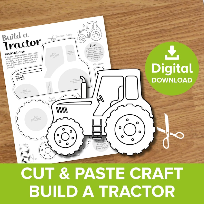 Tractor Cut & Paste Craft Printable, Spring Farmyard Vehicle Color and ...