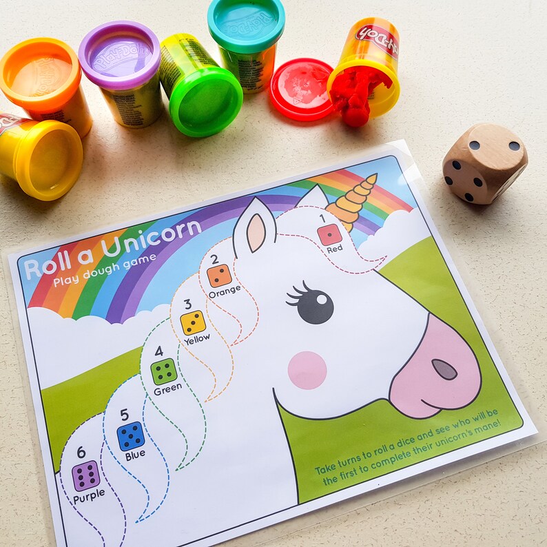 Roll a Unicorn Play Dough Mat Dice Game, Kids Rainbow Playdough ...