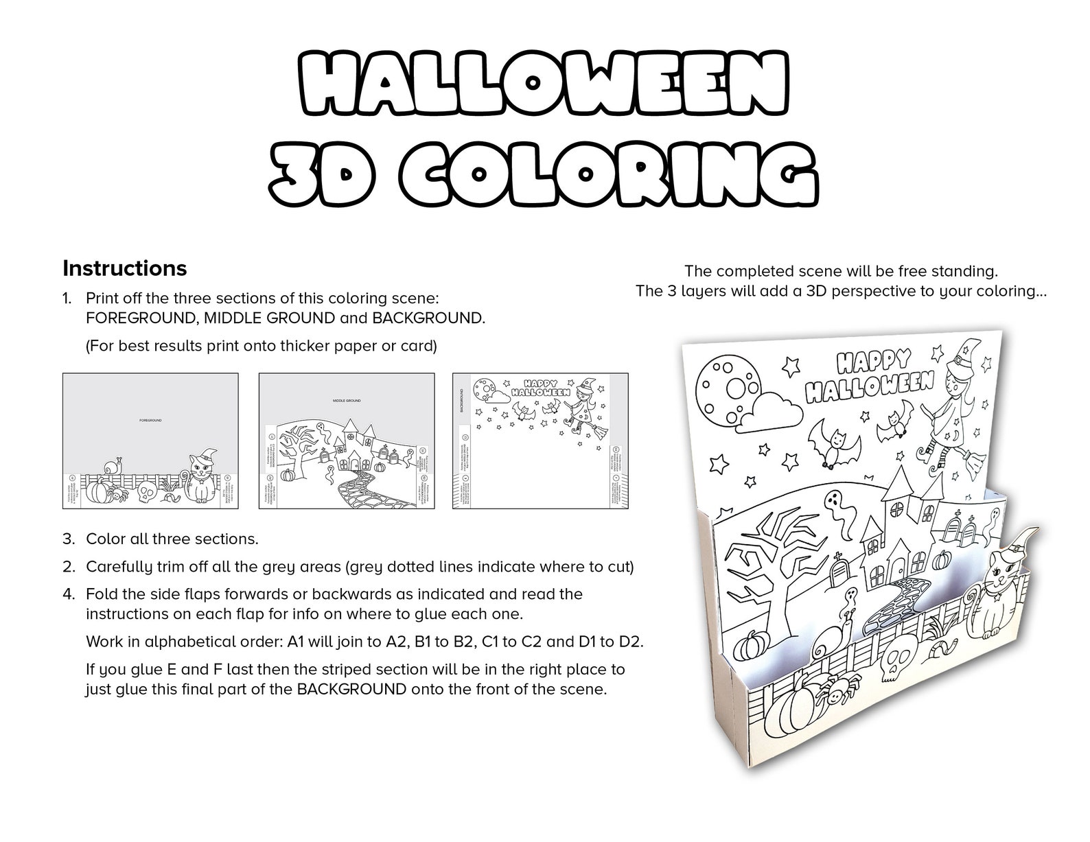 Halloween 3D Coloring Scene Craft, Kids Color and Build Freestanding ...