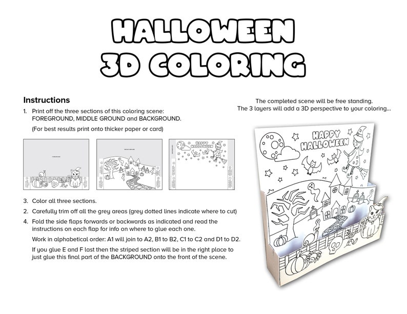 Halloween 3D Coloring Scene Craft Kids Color and Build - Etsy