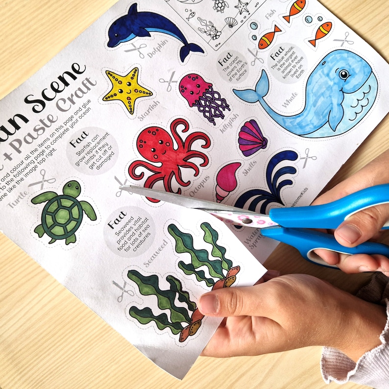 Ocean Scene Cut & Paste Craft, Sea Creatures Coloring Page Activity ...
