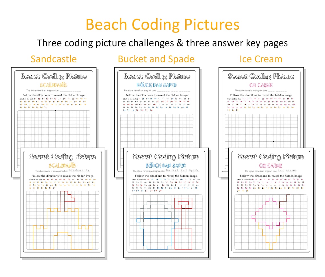 Beach Coding Worksheets, Summer Hidden Picture Reveal, Seaside Pixel ...
