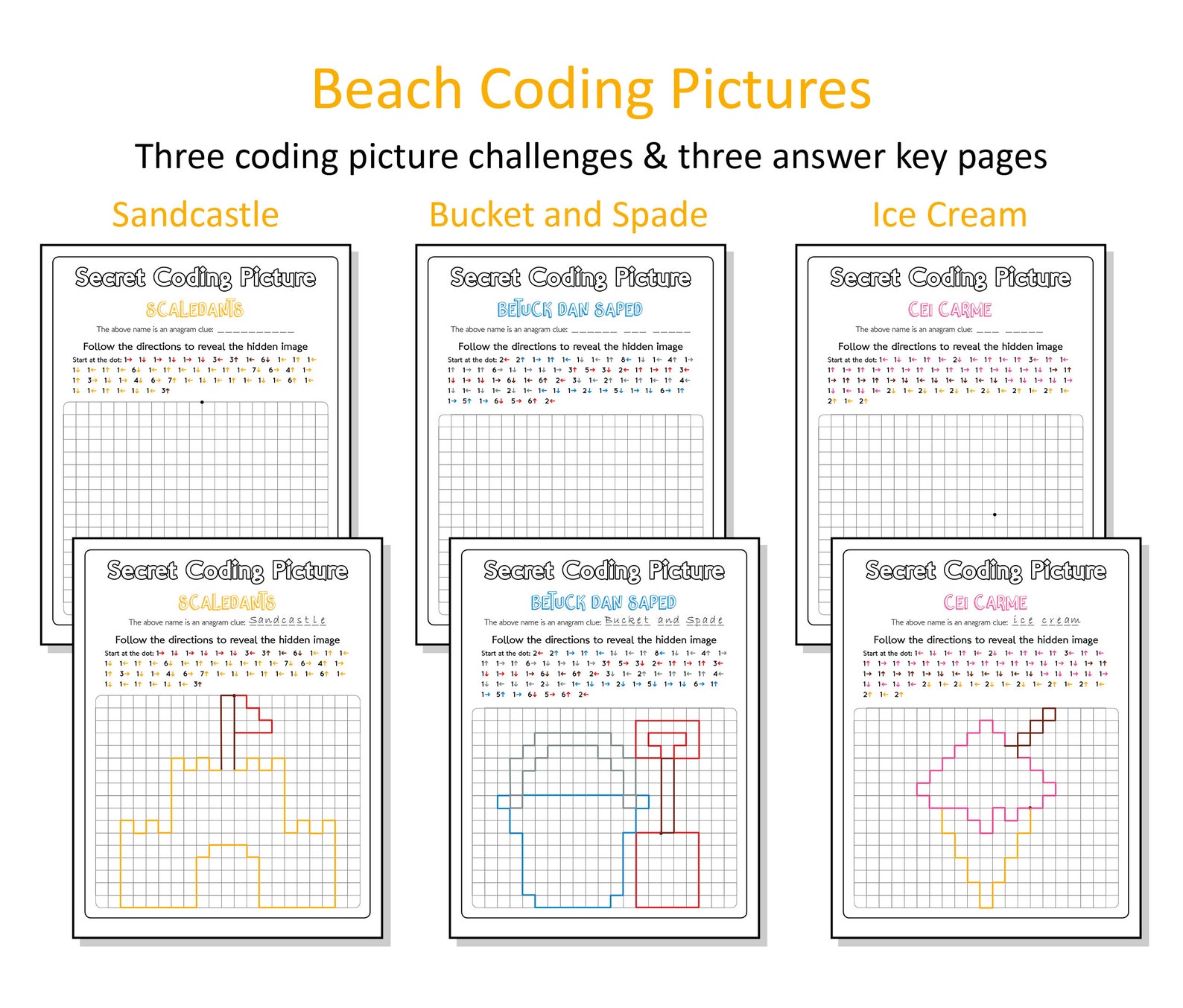 Beach Coding Worksheets, Summer Hidden Picture Reveal, Seaside Pixel ...