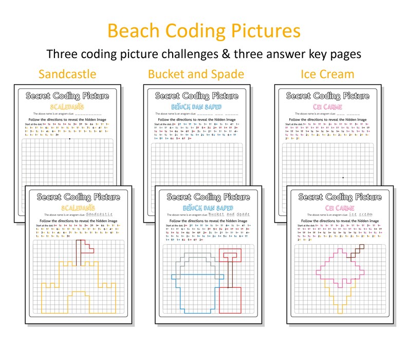 Beach Coding Worksheets, Summer Hidden Picture Reveal, Seaside Pixel ...