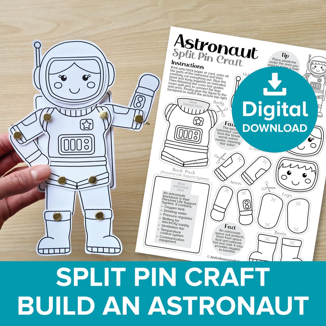 Astronaut Split Pin Craft, Color and Build Spaceman Puppet, Kids Paper ...