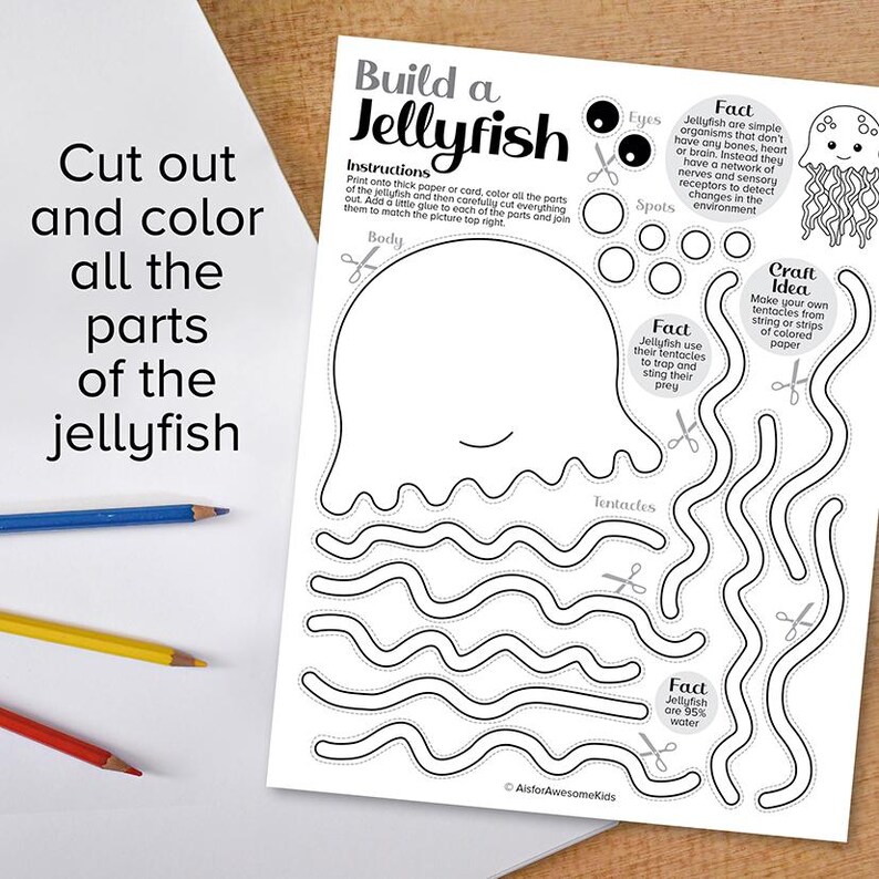 Jellyfish Cut & Paste Craft Printable, Marine Jelly Fish Color and ...