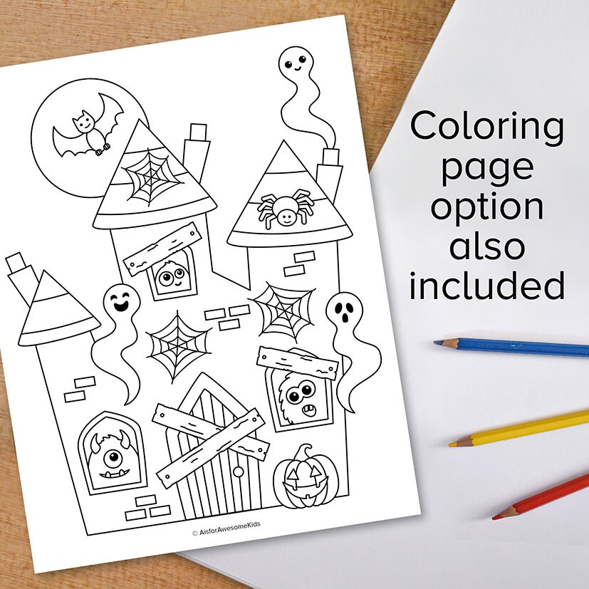 Haunted House Cut & Paste Craft, Build a Halloween Mansion Coloring ...