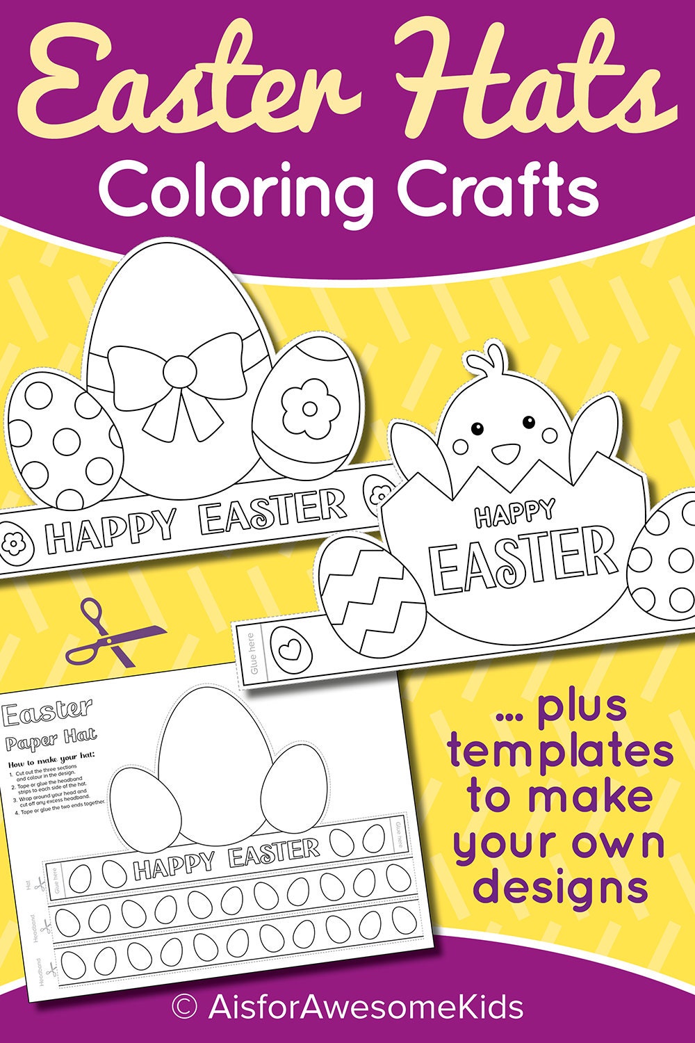 Easter Bonnet Paper Hat Coloring Crafts, Spring Chick Egg Hunt Party ...