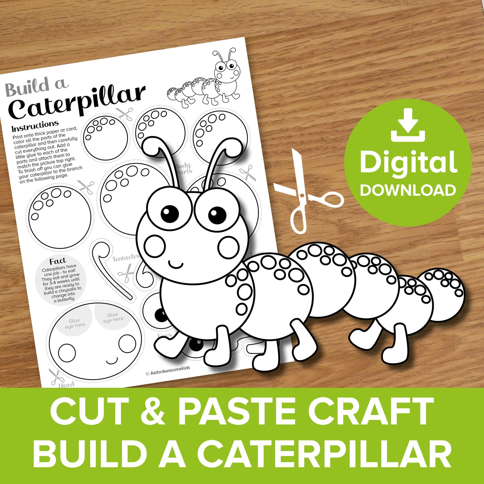 Caterpillar Cut & Paste Craft Printable, Spring Bug Color and Build Kit ...