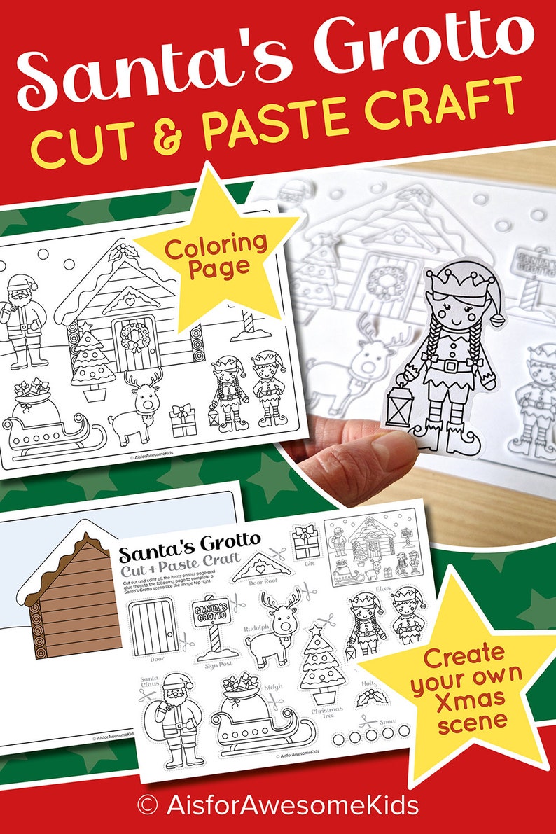 Santa's Grotto Scene Cut & Paste Craft, Build a North Pole Picture Printable, Snowy Cabin Xmas ...