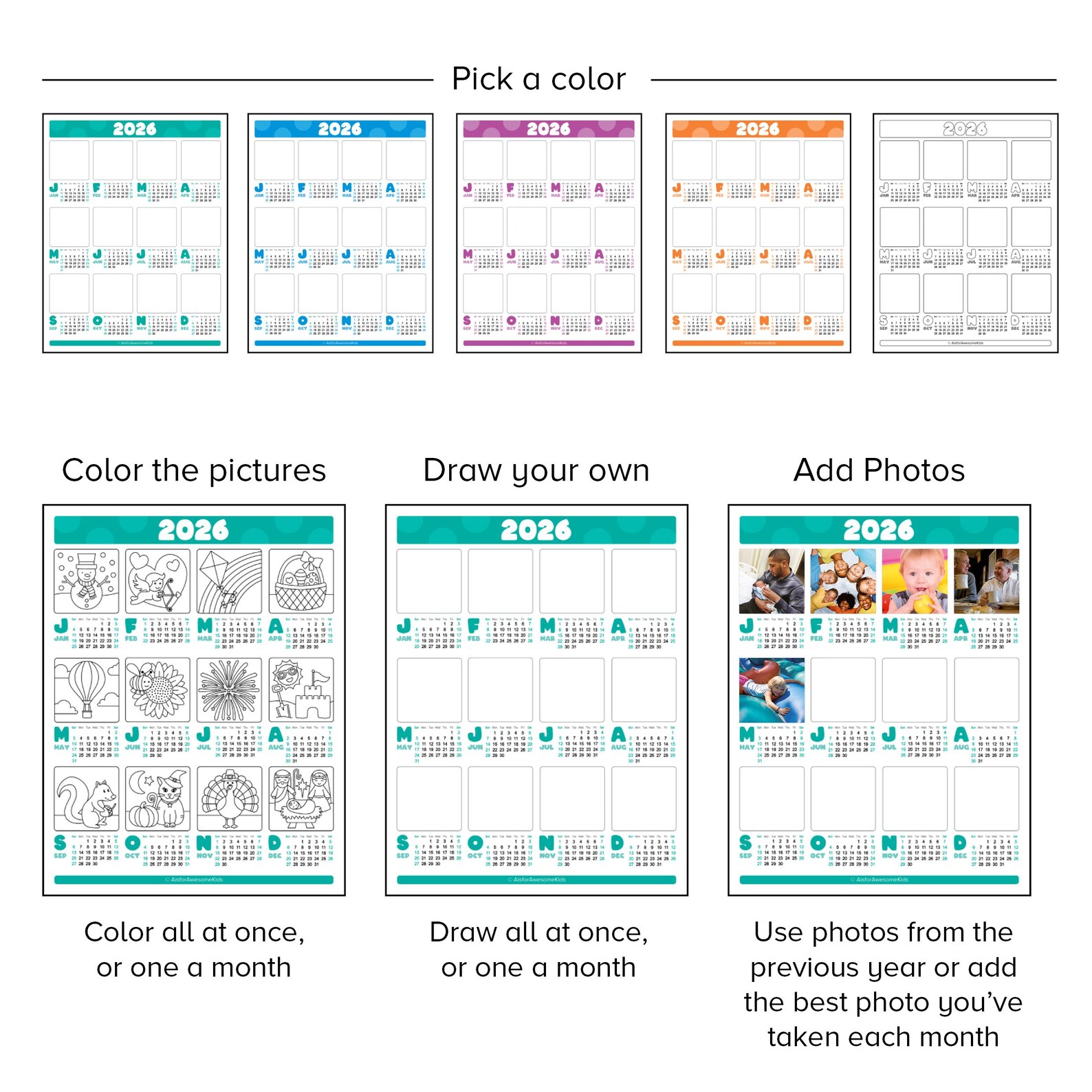 2026 Coloring Calendar, 1-page Photo Calendar, Kids Make Your Own Year ...