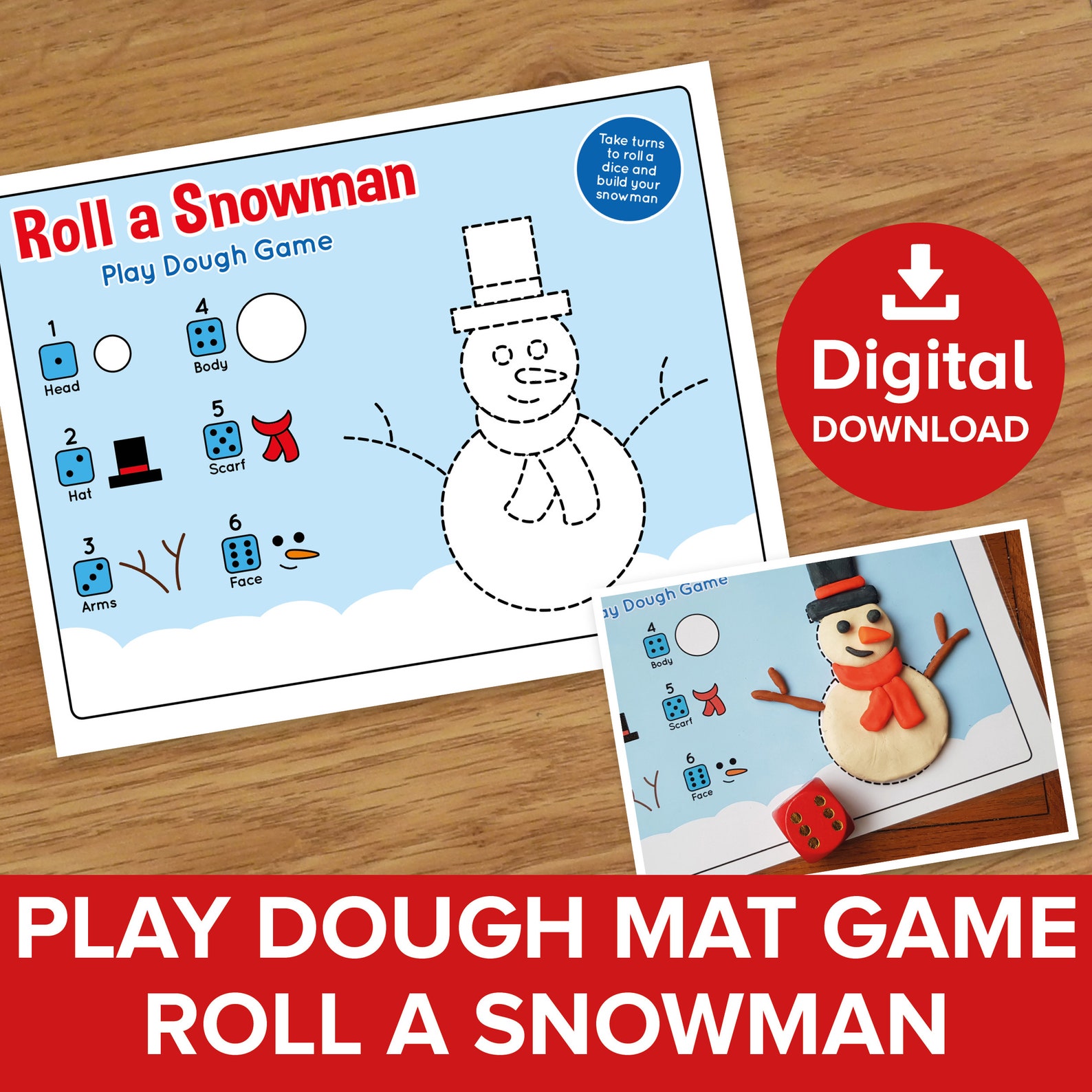 Roll a Snowman Play Dough Mat Game, Kids Christmas Playdoh Dice ...
