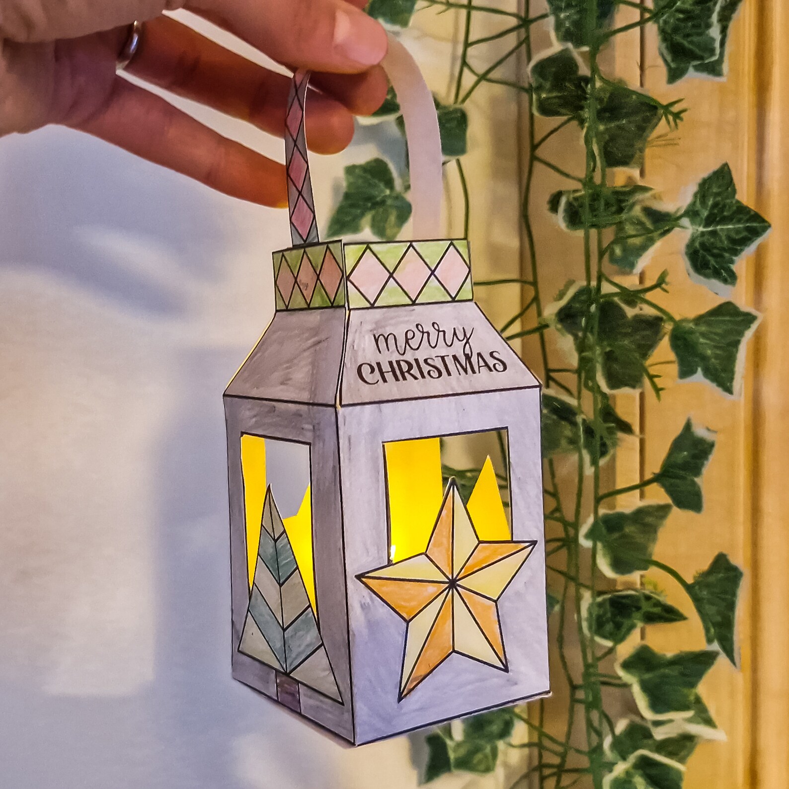 Christmas Paper Lantern Craft, Xmas Tealight Holder Cut & Color Project ...
