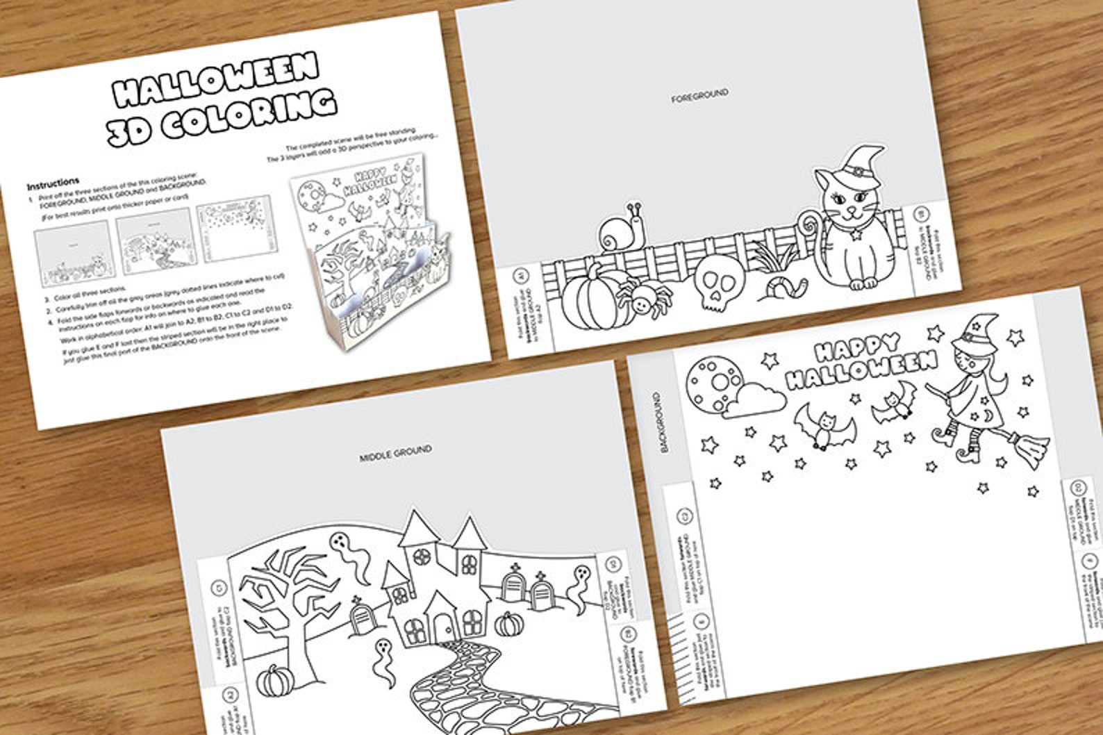 Halloween 3D Coloring Scene Craft, Kids Color and Build Freestanding ...