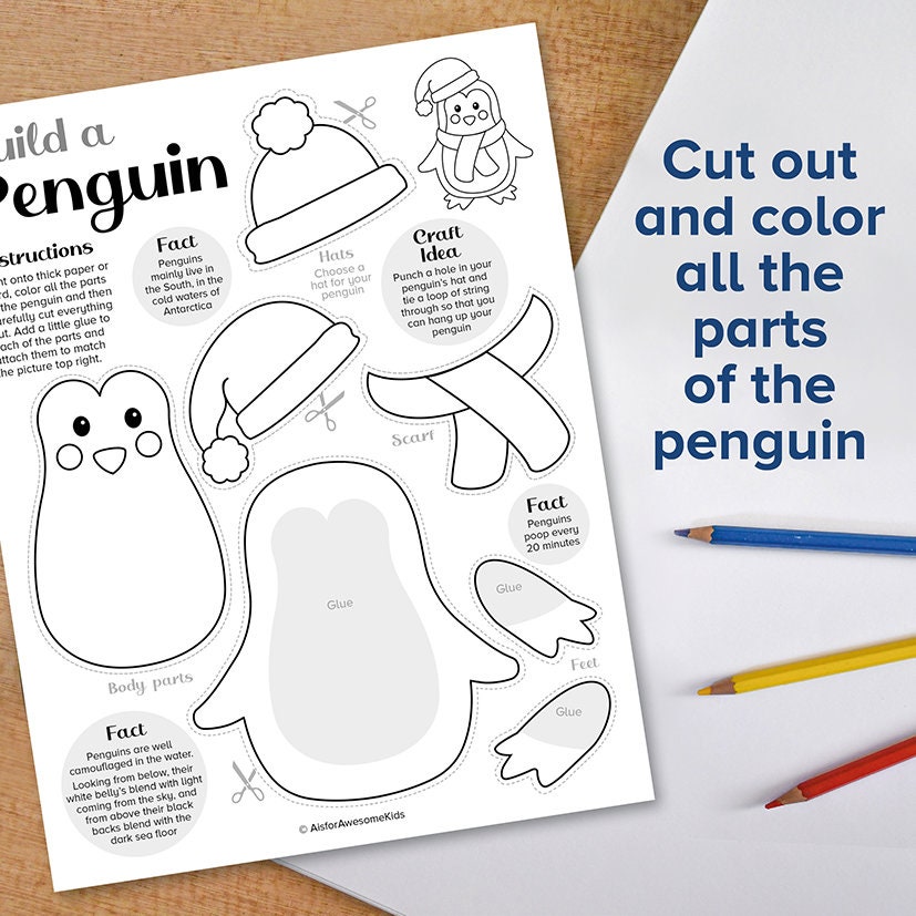 Penguin Cut & Paste Craft, Christmas Color and Build Kit, Paper Doll ...