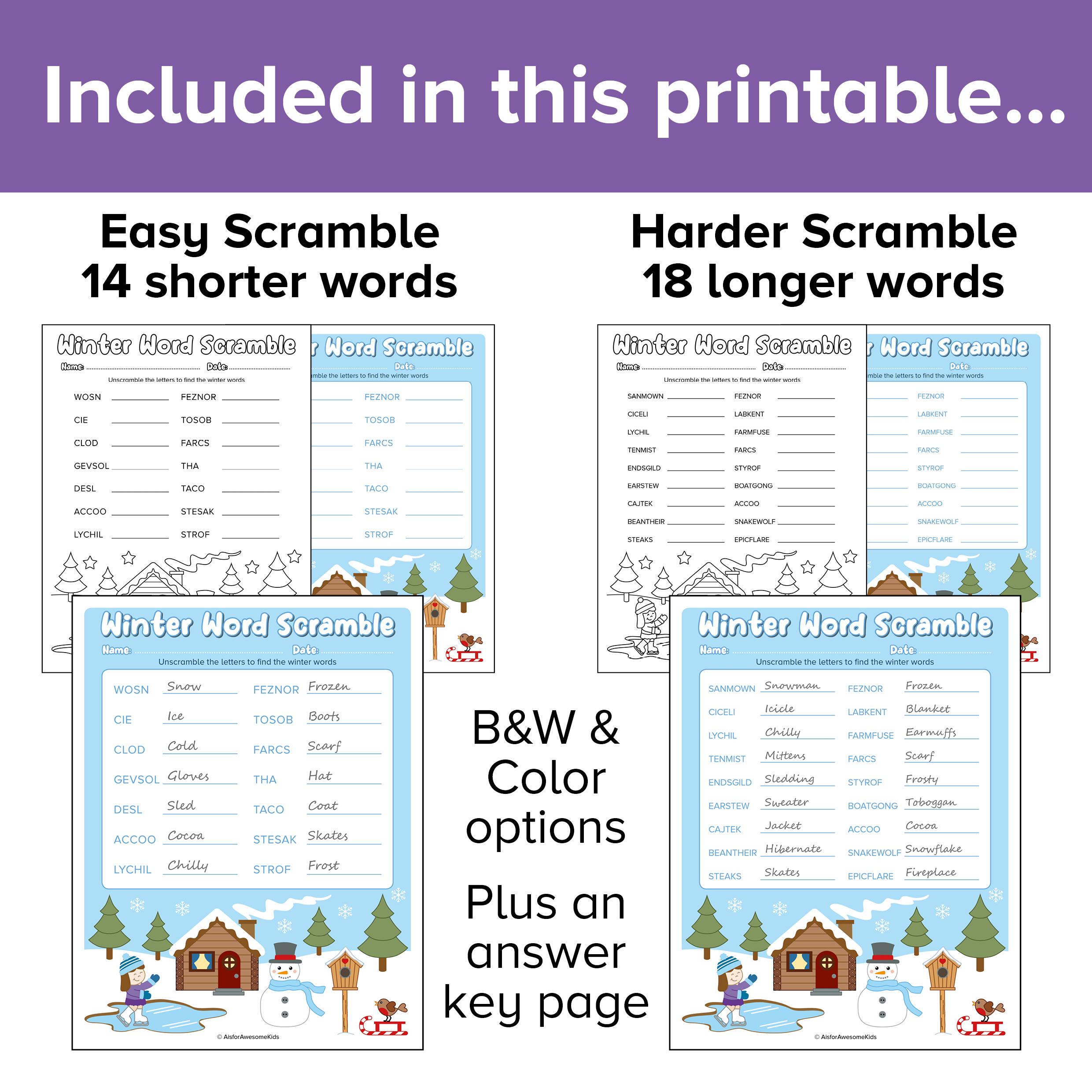 Winter Word Scramble Worksheet, Kids Christmas Anagram Challenge, Snowy ...