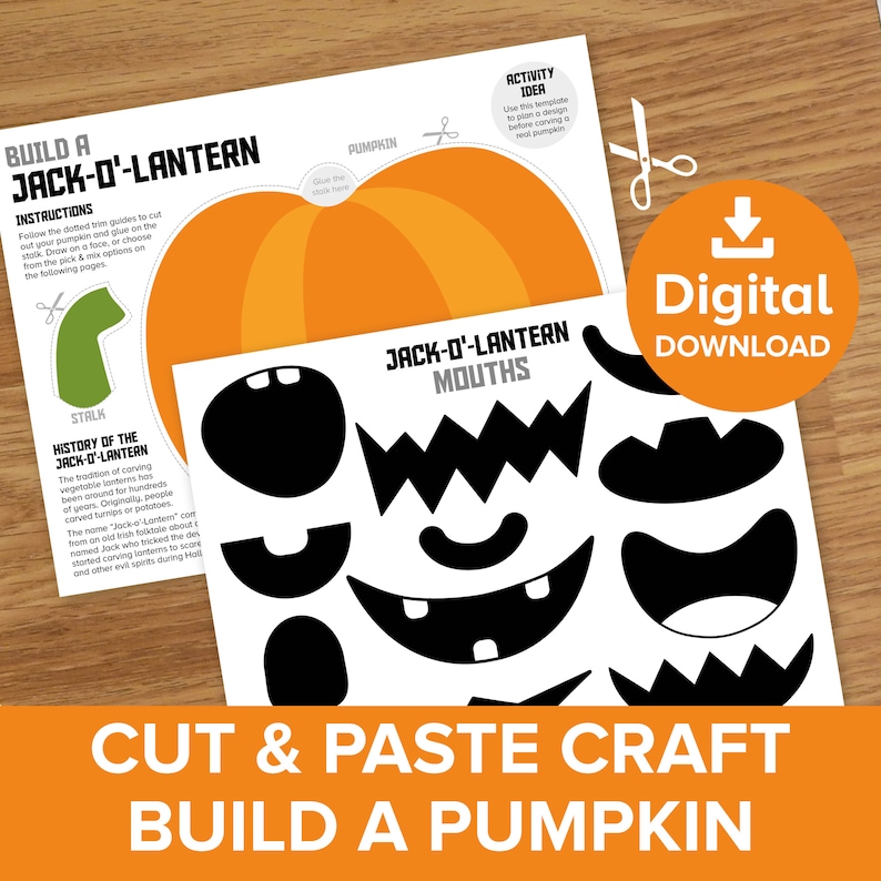 Jack-o-lantern Cut & Paste Craft, Pumpkin Face Drawing Prompt Activity ...