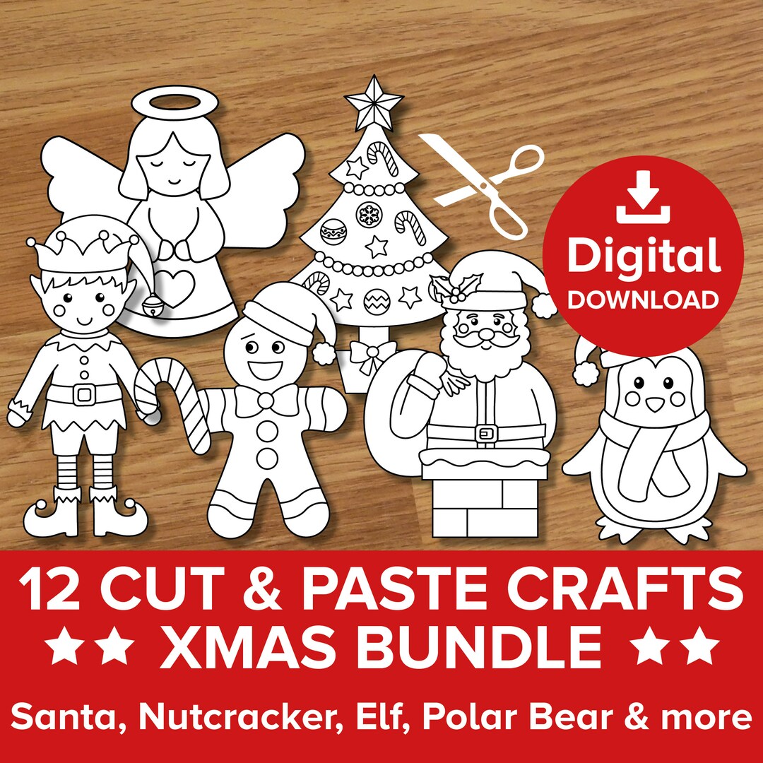 12 Christmas Crafts Cut & Paste Bundle, Xmas Color Build Pack, Paper ...
