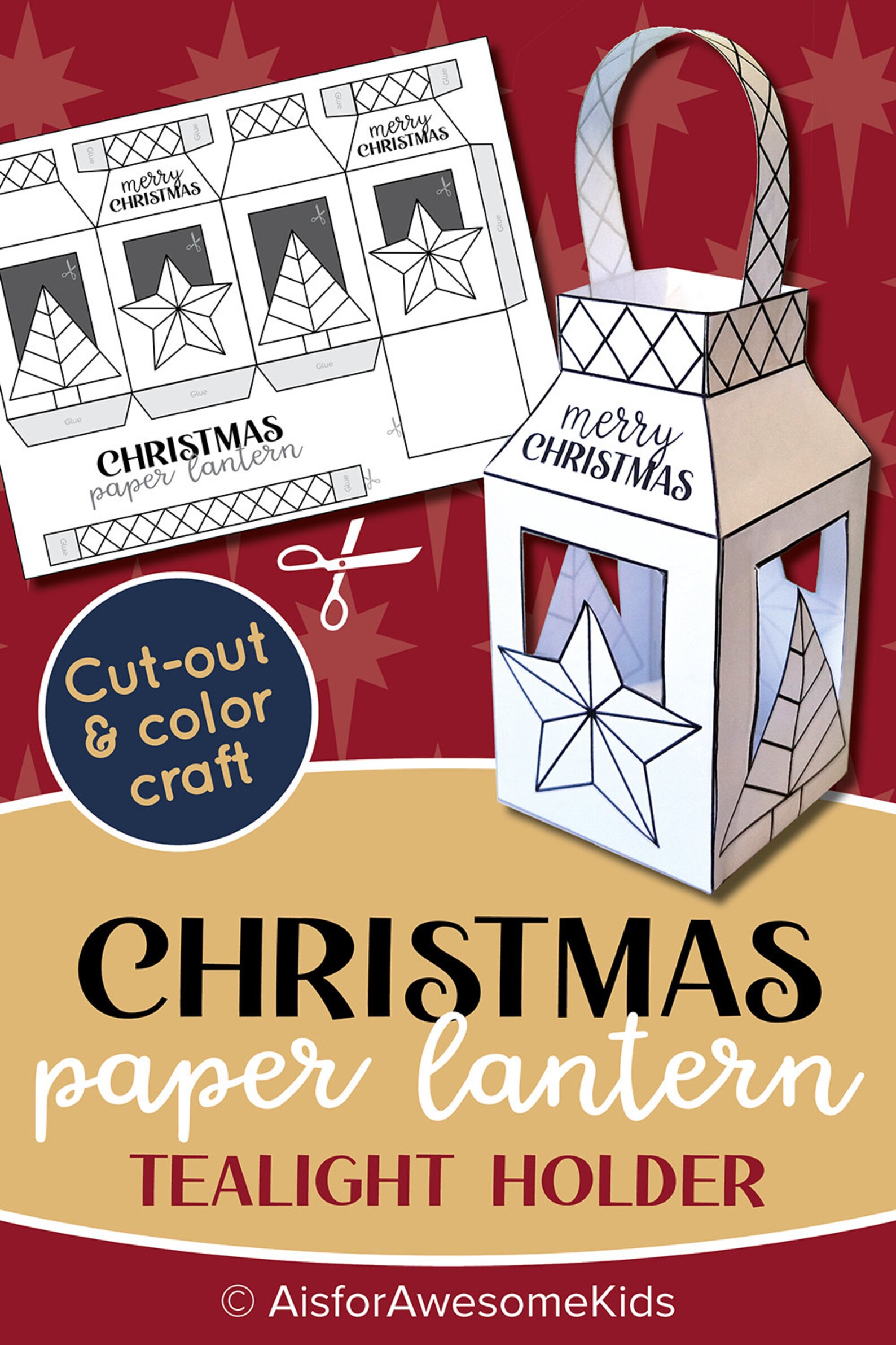 Christmas Paper Lantern Craft, Xmas Tealight Holder Cut & Color Project ...