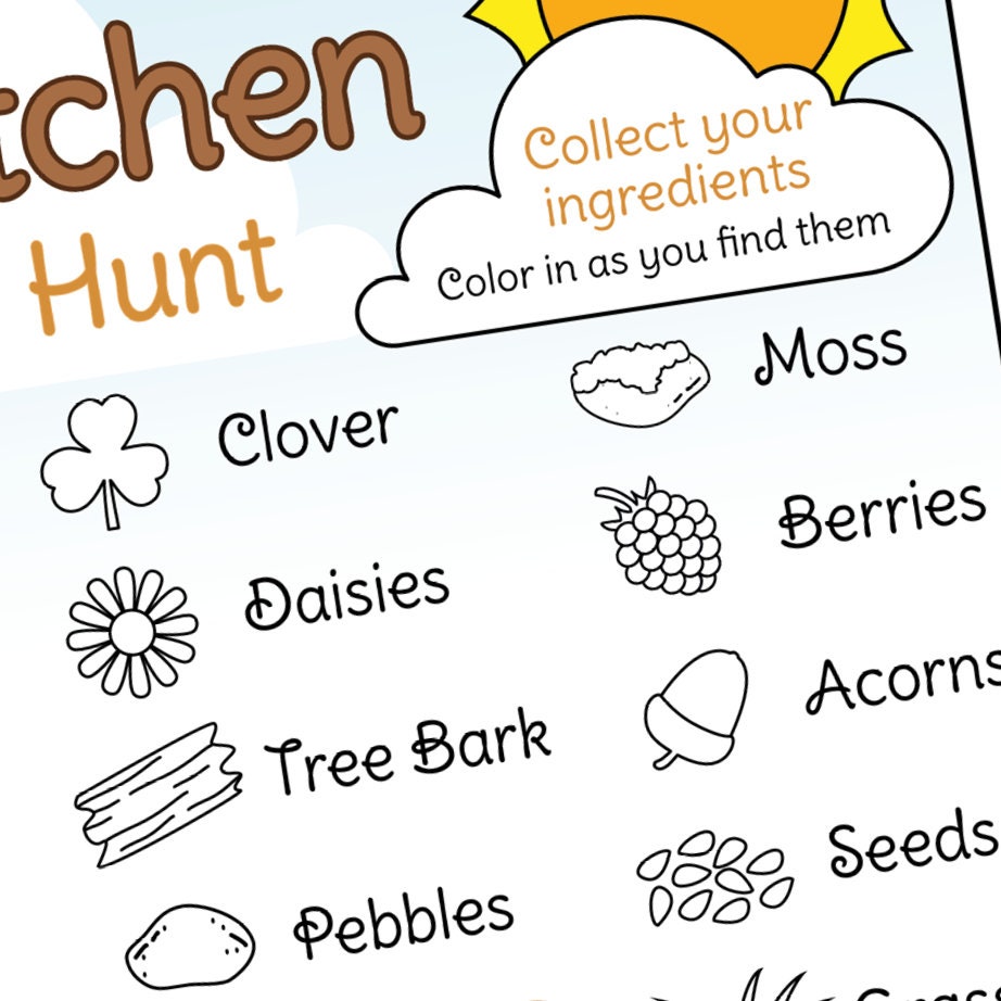 Mud Kitchen Scavenger Hunt List, Kids Outdoor Nature Cooking Treasure ...