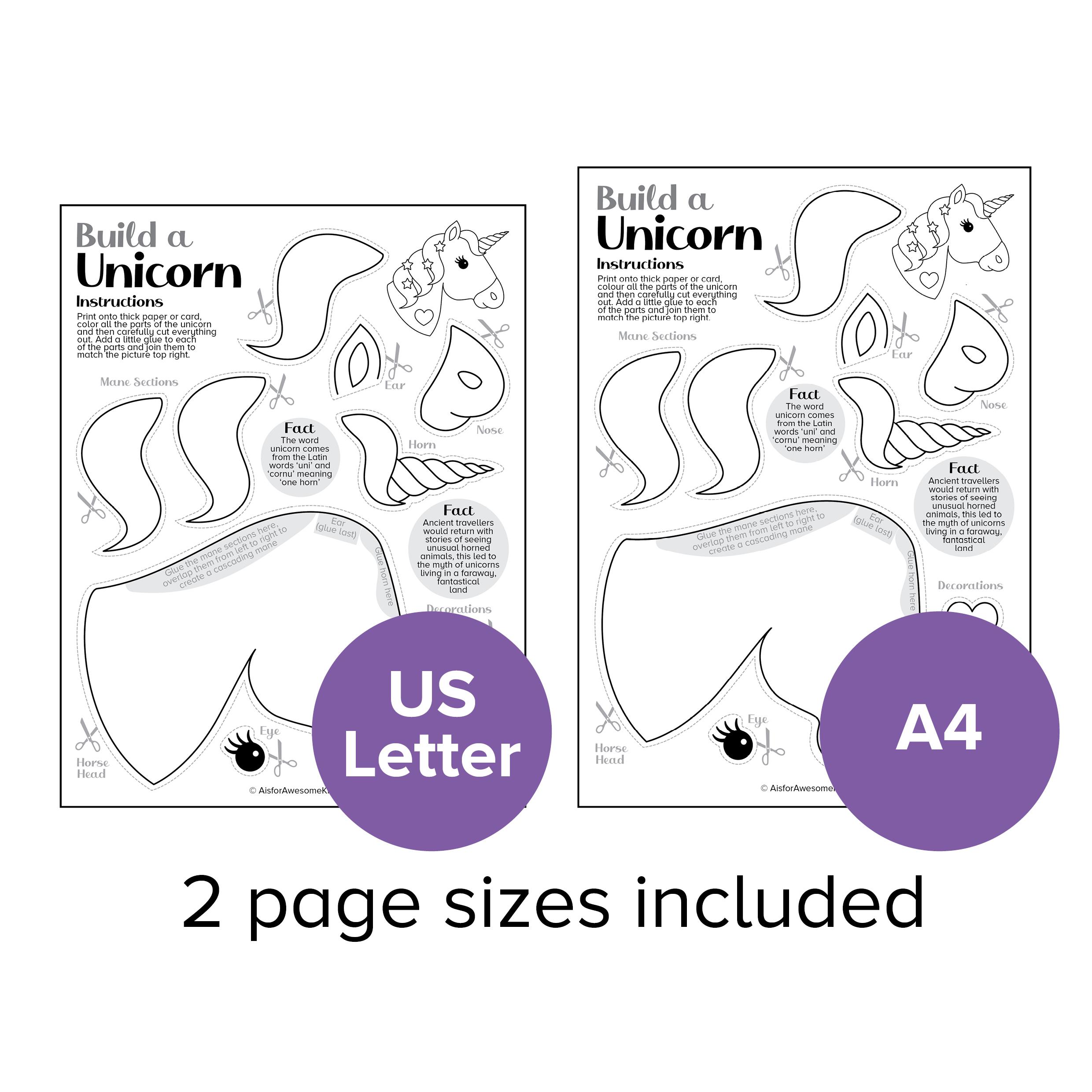 Unicorn Cut & Paste Craft Printable, Pegasus Color and Build Kit ...