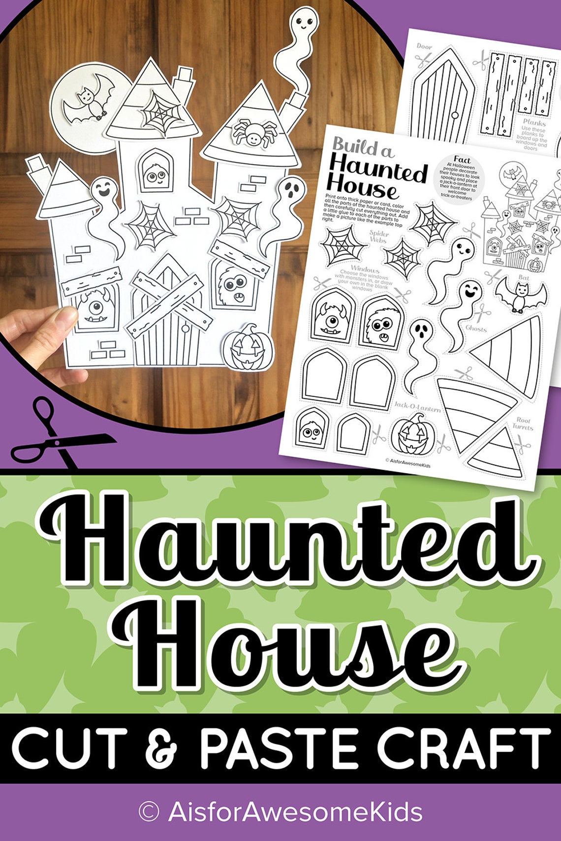 Haunted House Cut & Paste Craft, Build a Halloween Mansion Coloring ...
