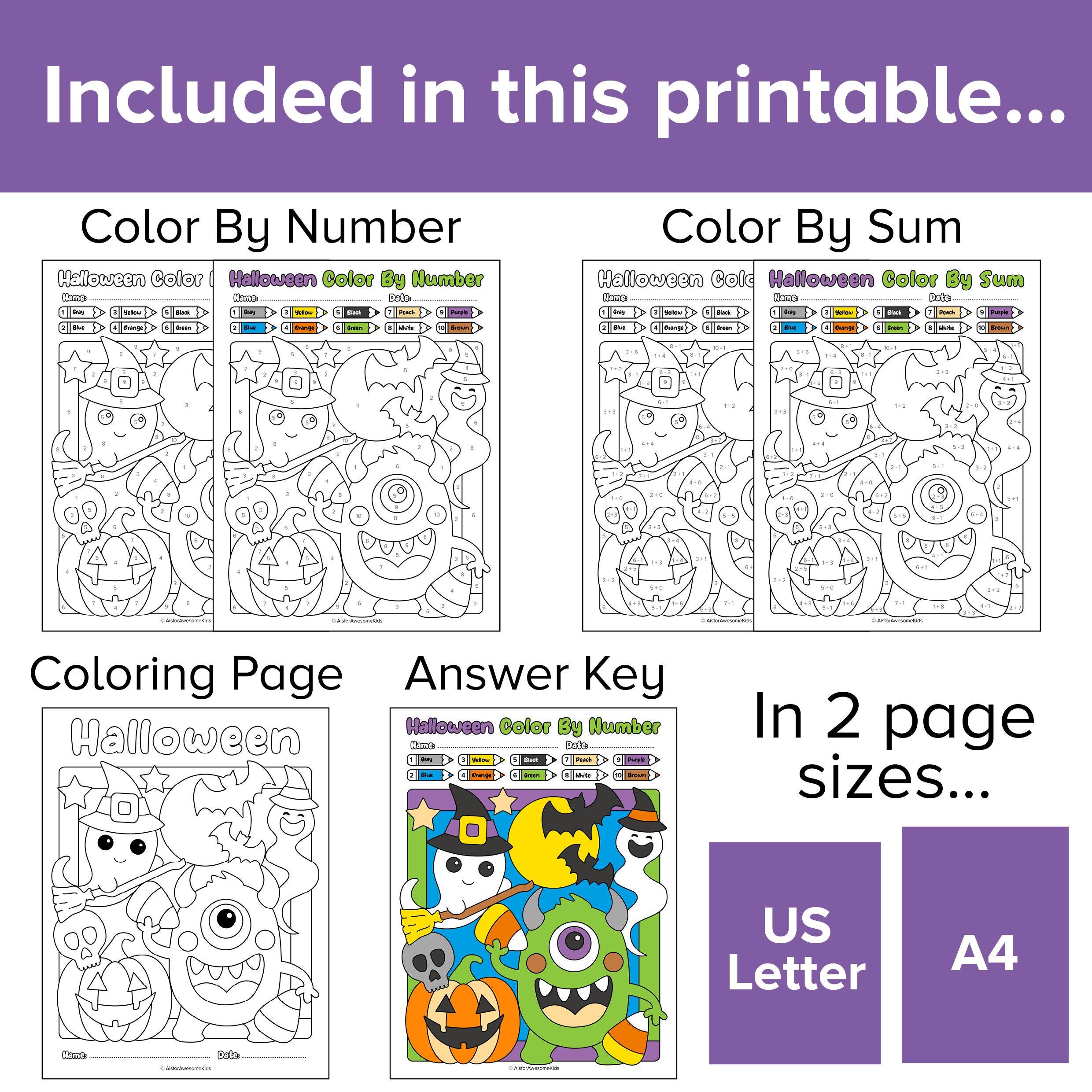Halloween Color by Number Worksheets, Spooky Monster Picture Reveal ...