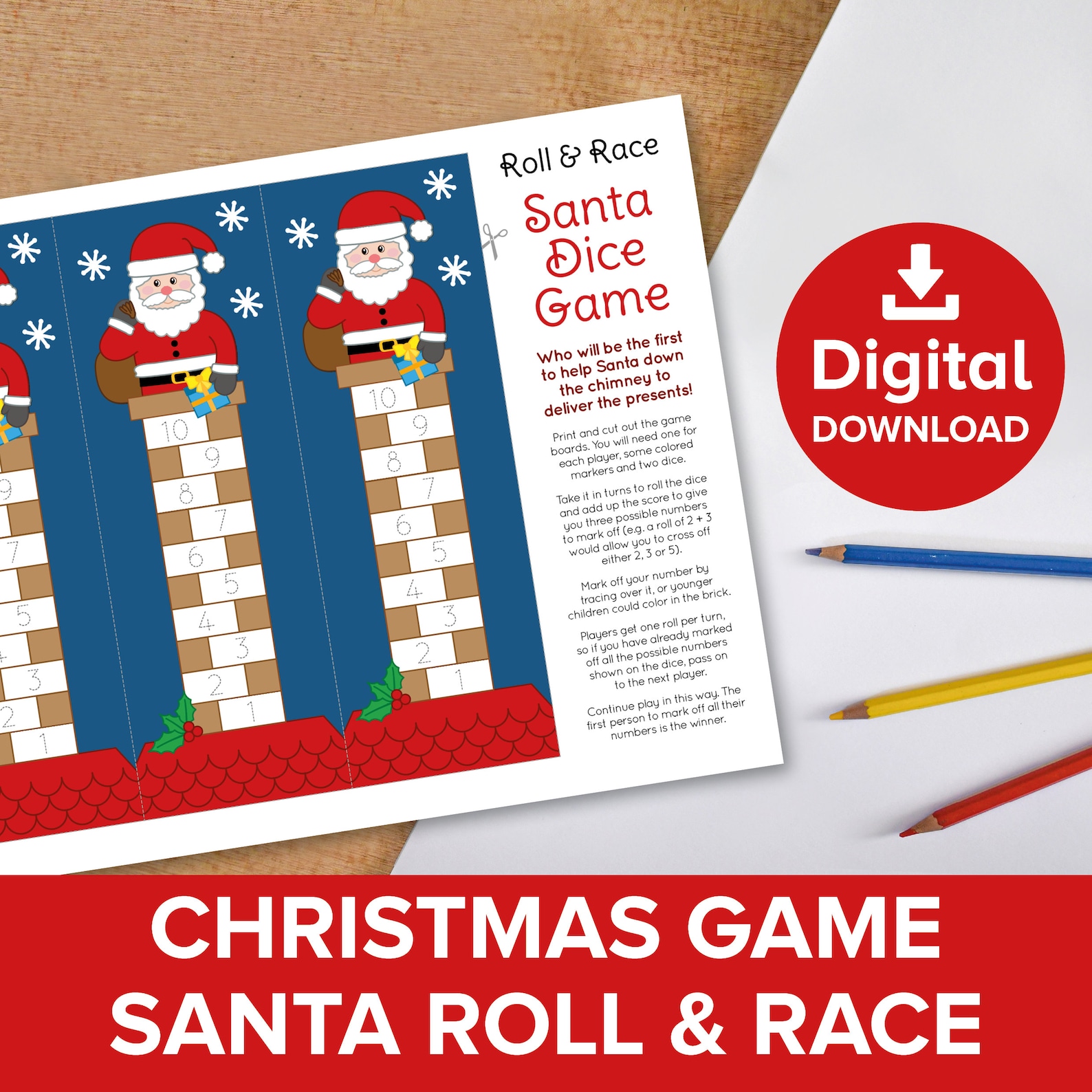 Roll & Race Santa Christmas Dice Game, Kids Xmas Math Coloring Activity ...