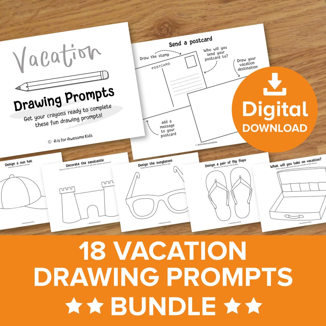 Vacation Drawing Prompt Bundle, Childrens Doodle Picture Challenge ...