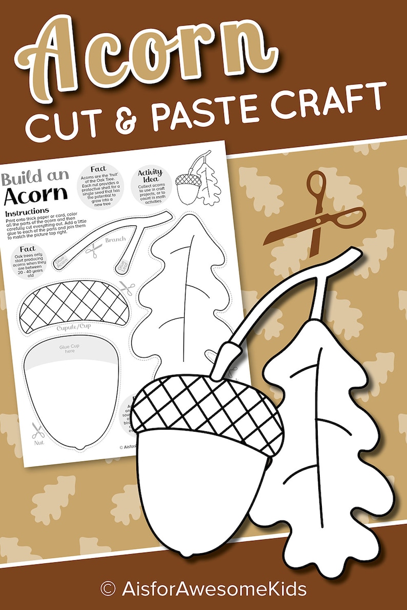 Build an Acorn Cut & Paste Craft, Autumn Fall Coloring Activity Page ...