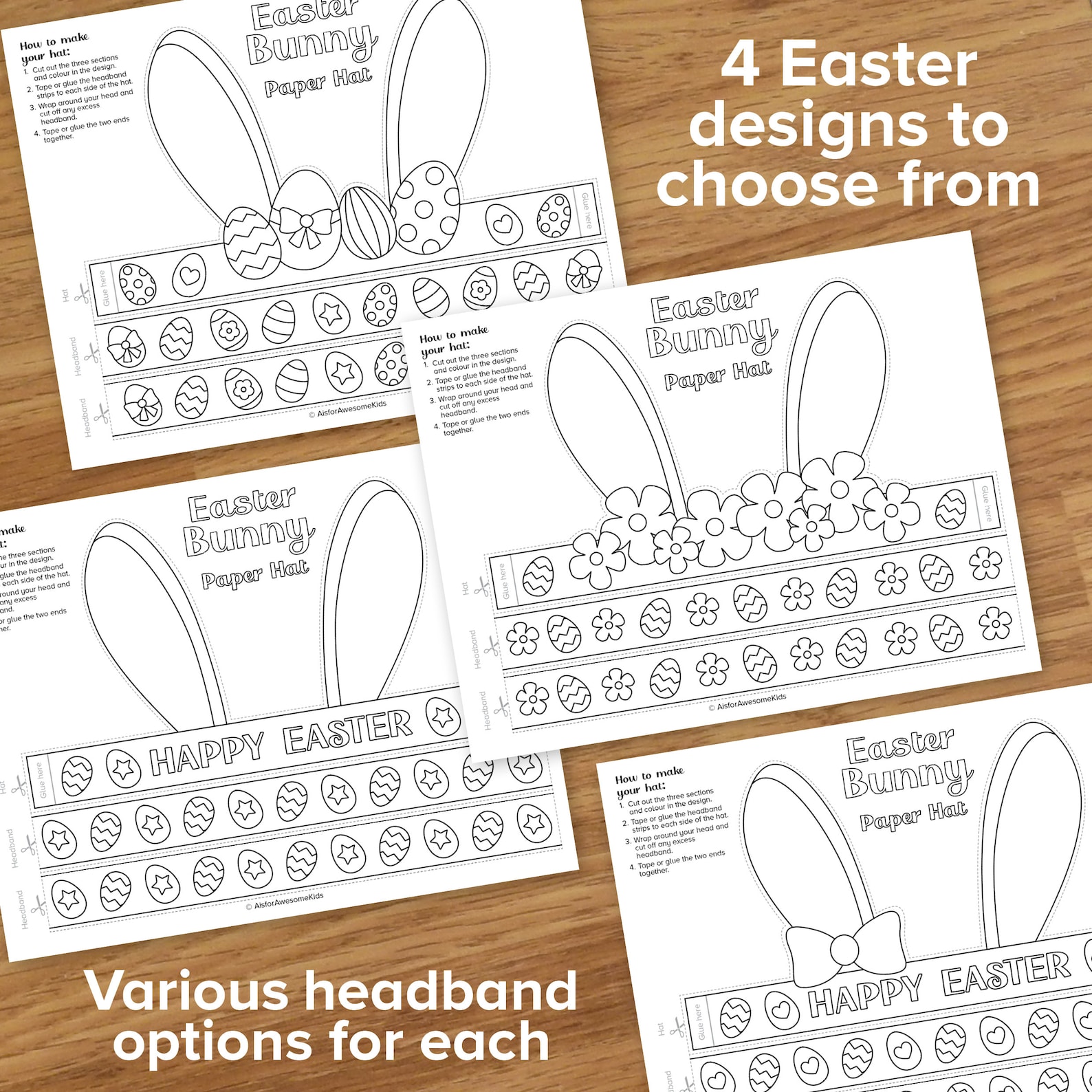 Bunny Paper Crowns Printable, Easter Rabbit Ears Hat Coloring Craft ...