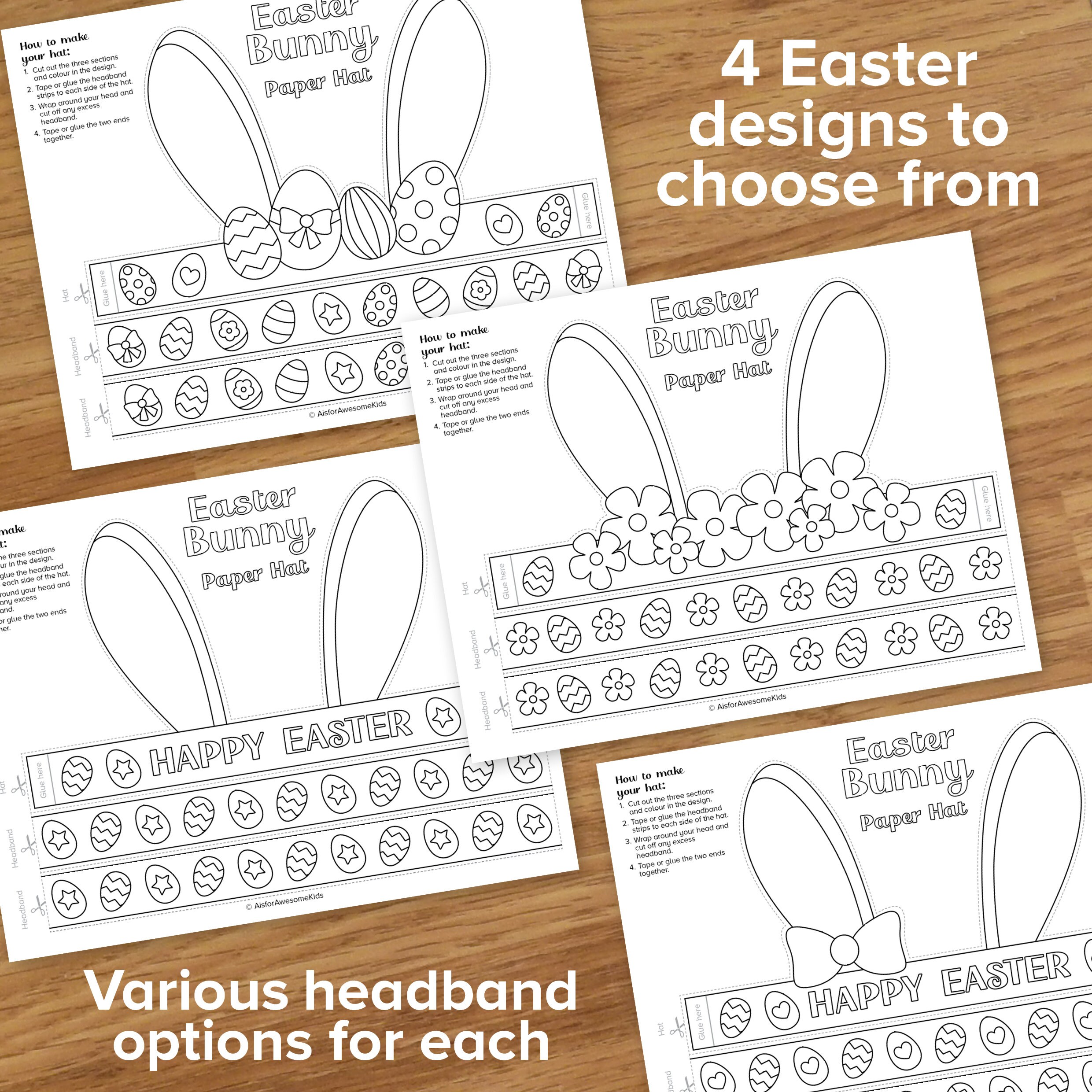 Bunny Paper Crowns Printable, Easter Rabbit Ears Hat Coloring Craft ...