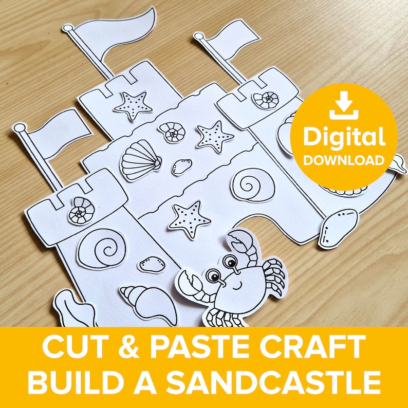 Sandcastle Cut & Paste Craft Printable, Beach Castle Color Build Kit ...