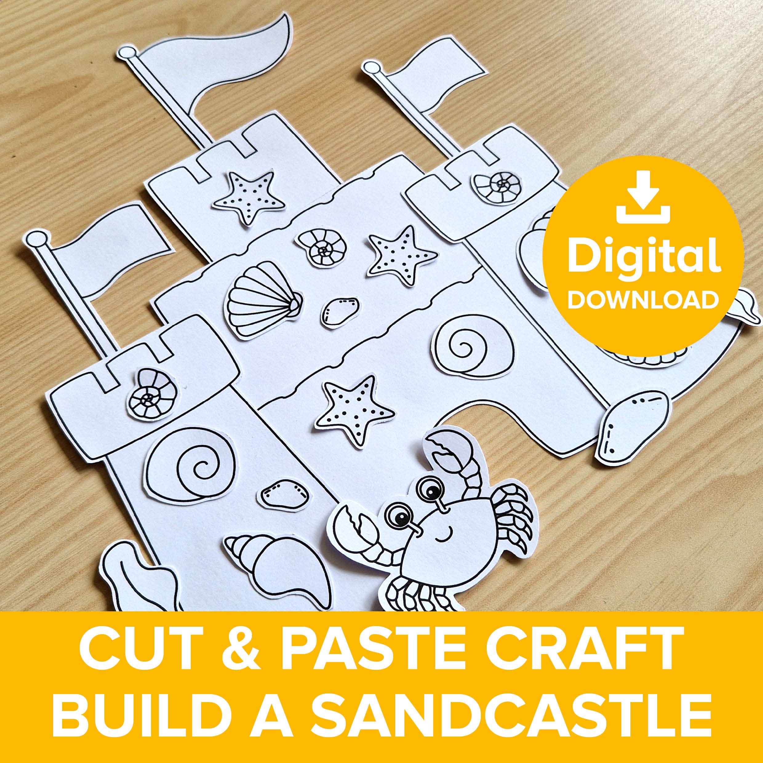 Sandcastle Cut & Paste Craft Printable, Beach Castle Color Build Kit ...