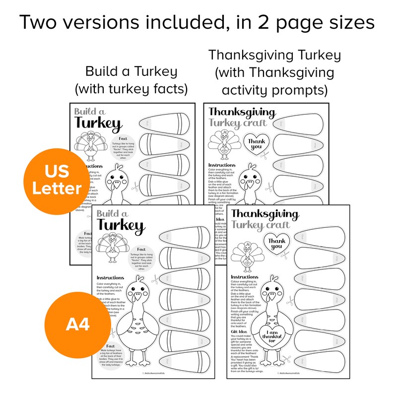 Thankful Turkey Cut & Paste Craft, Build a Thanksgiving Bird Coloring ...