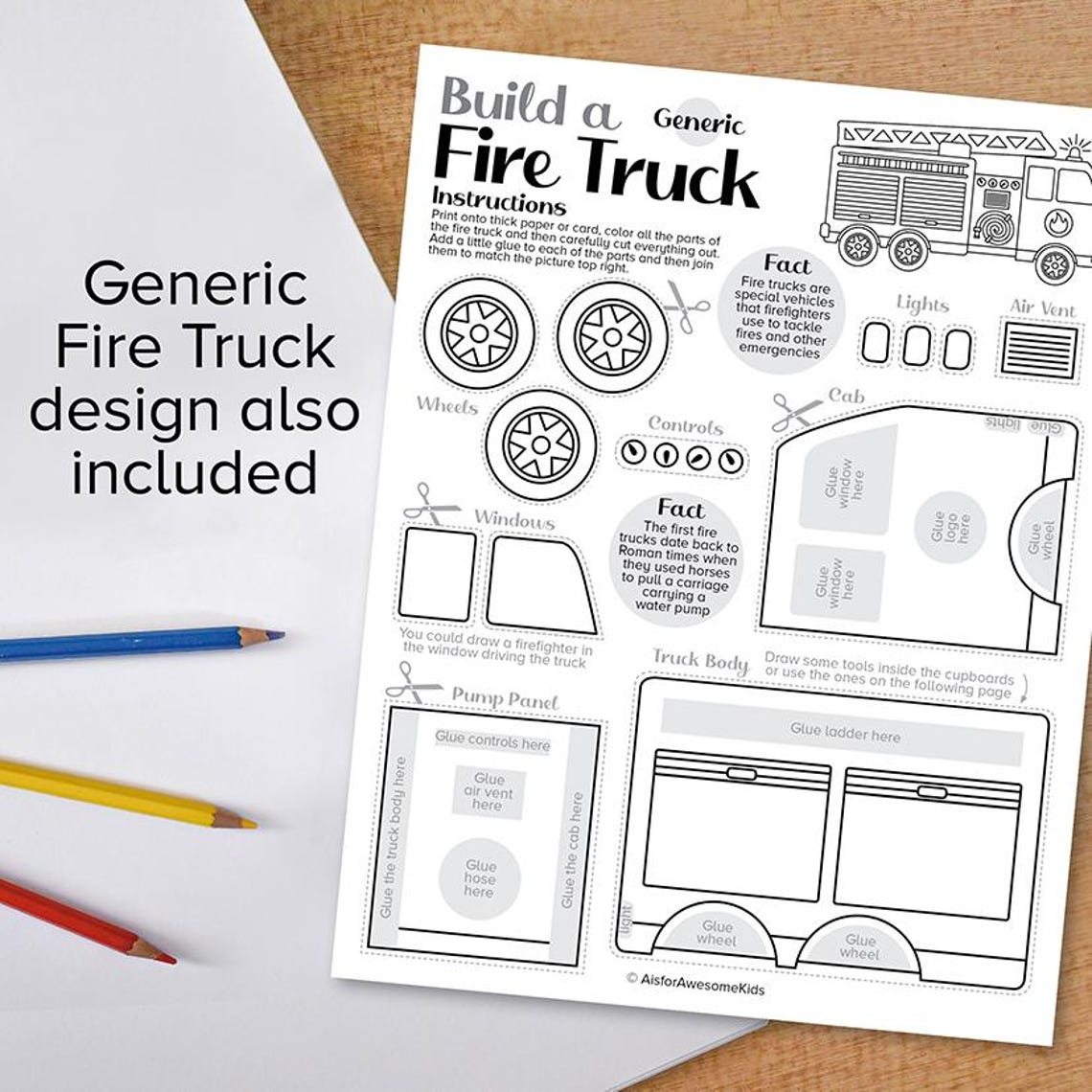 Build a Fire Truck Cut & Paste Craft, Emergency Services Rescue Vehicle ...