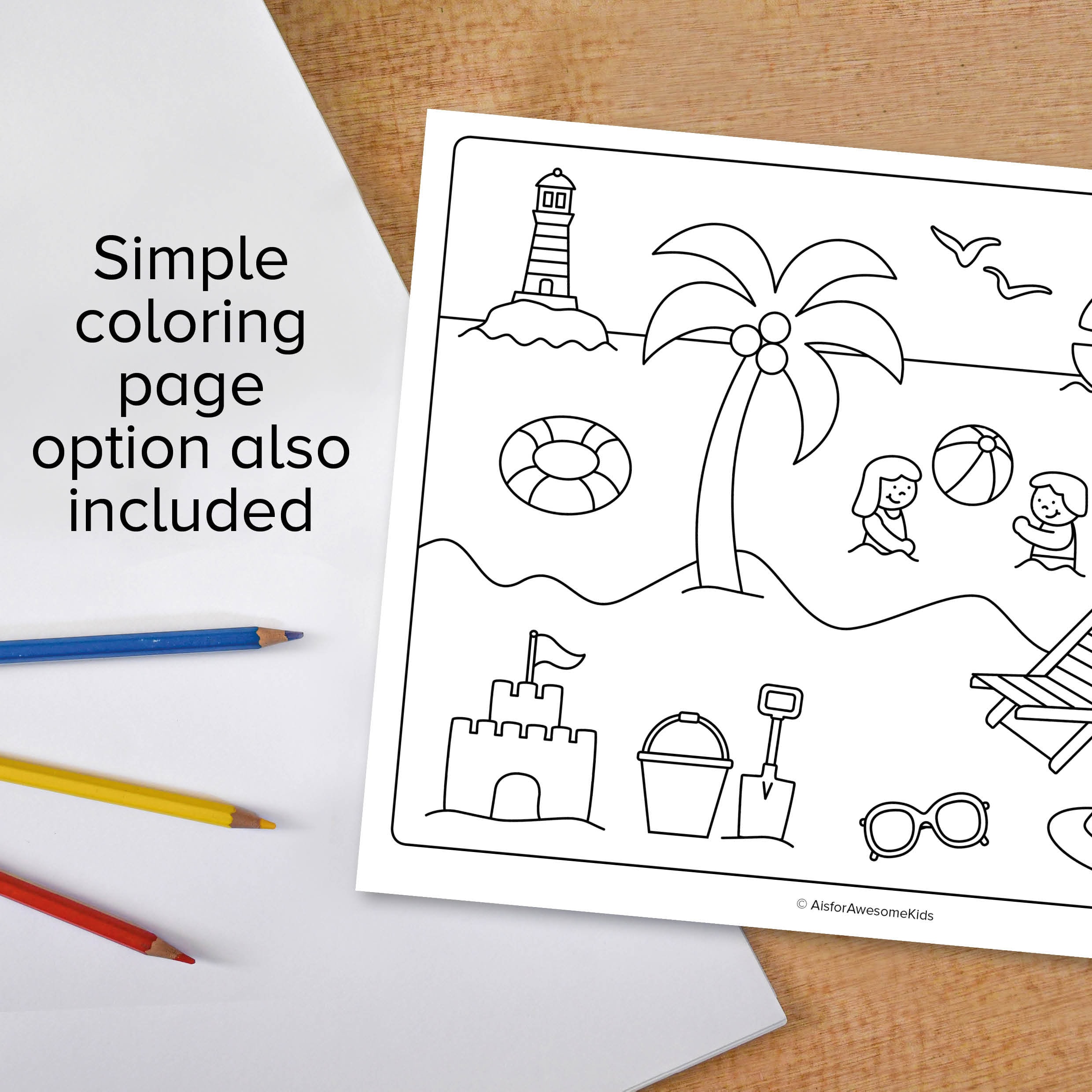 Beach Scene Cut & Paste Craft, Seaside Coloring Page Activity, Summer ...
