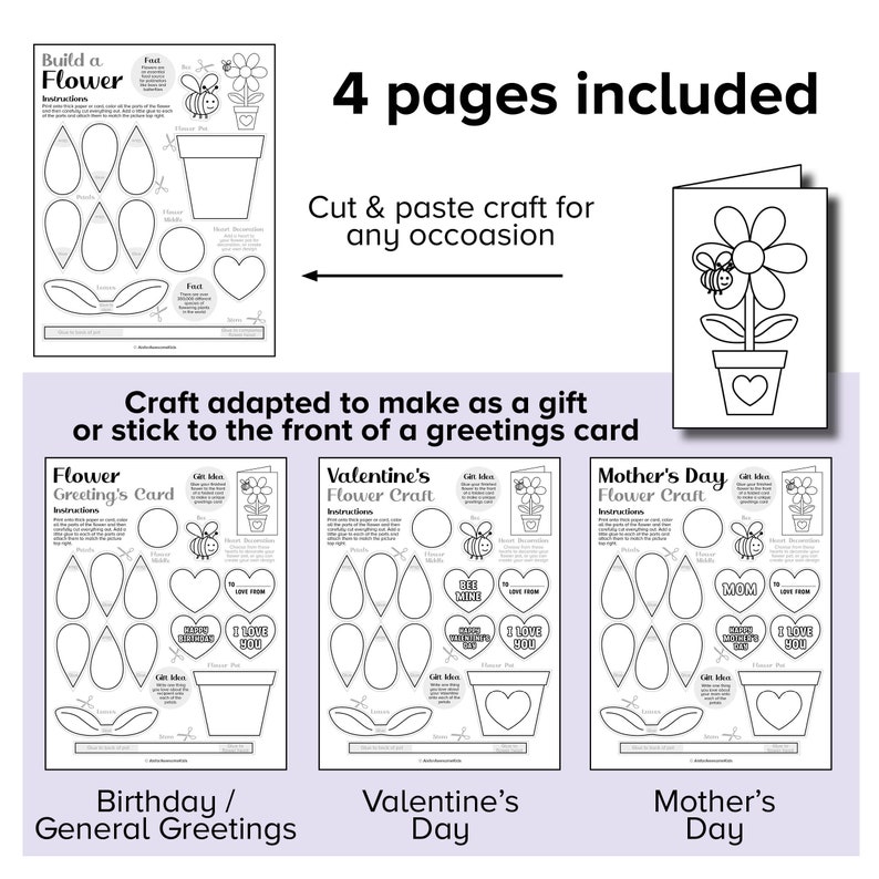 Flower Cut & Paste Craft Printable, Birthday Coloring Art Activity ...
