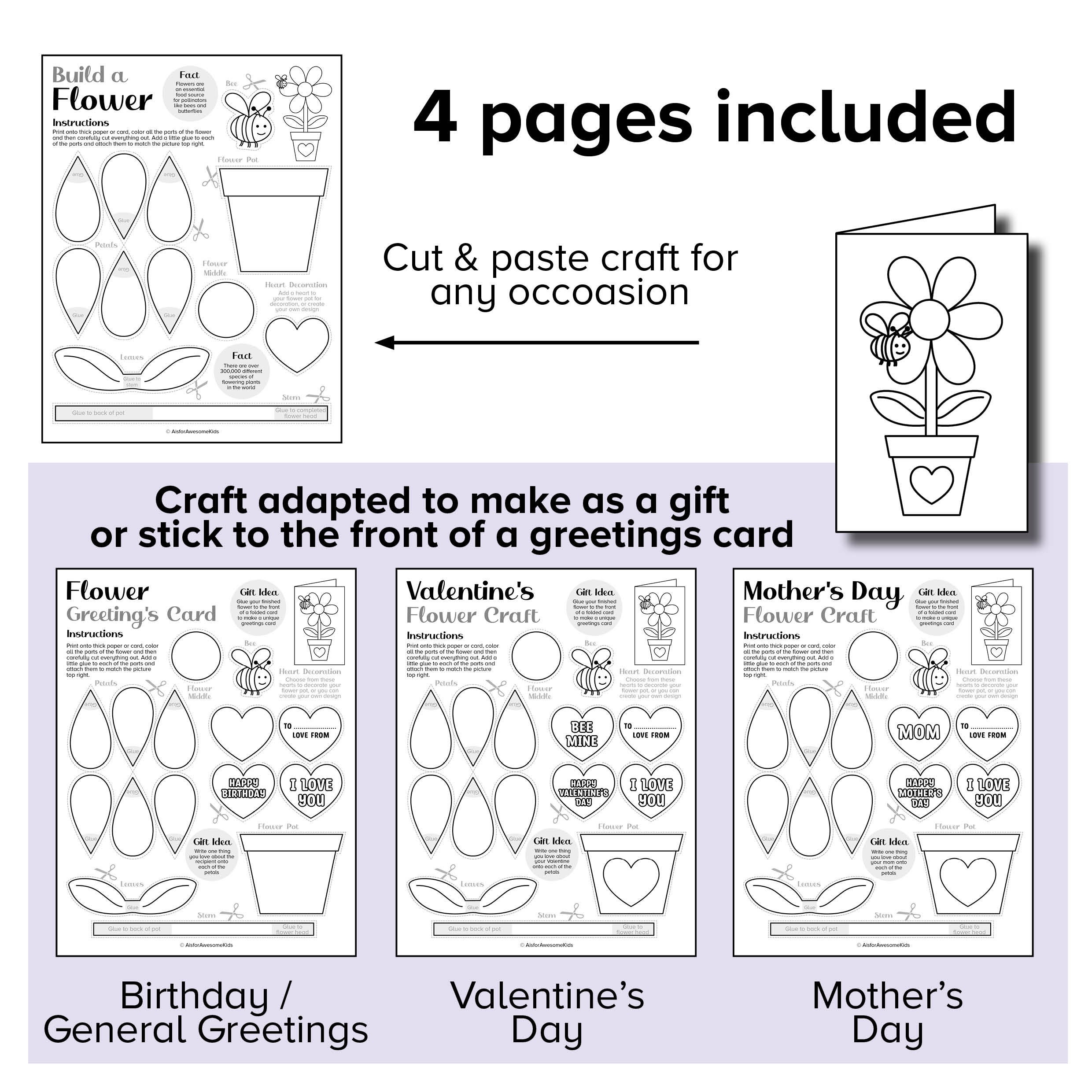 Flower Cut & Paste Craft Printable, Birthday Coloring Art Activity ...
