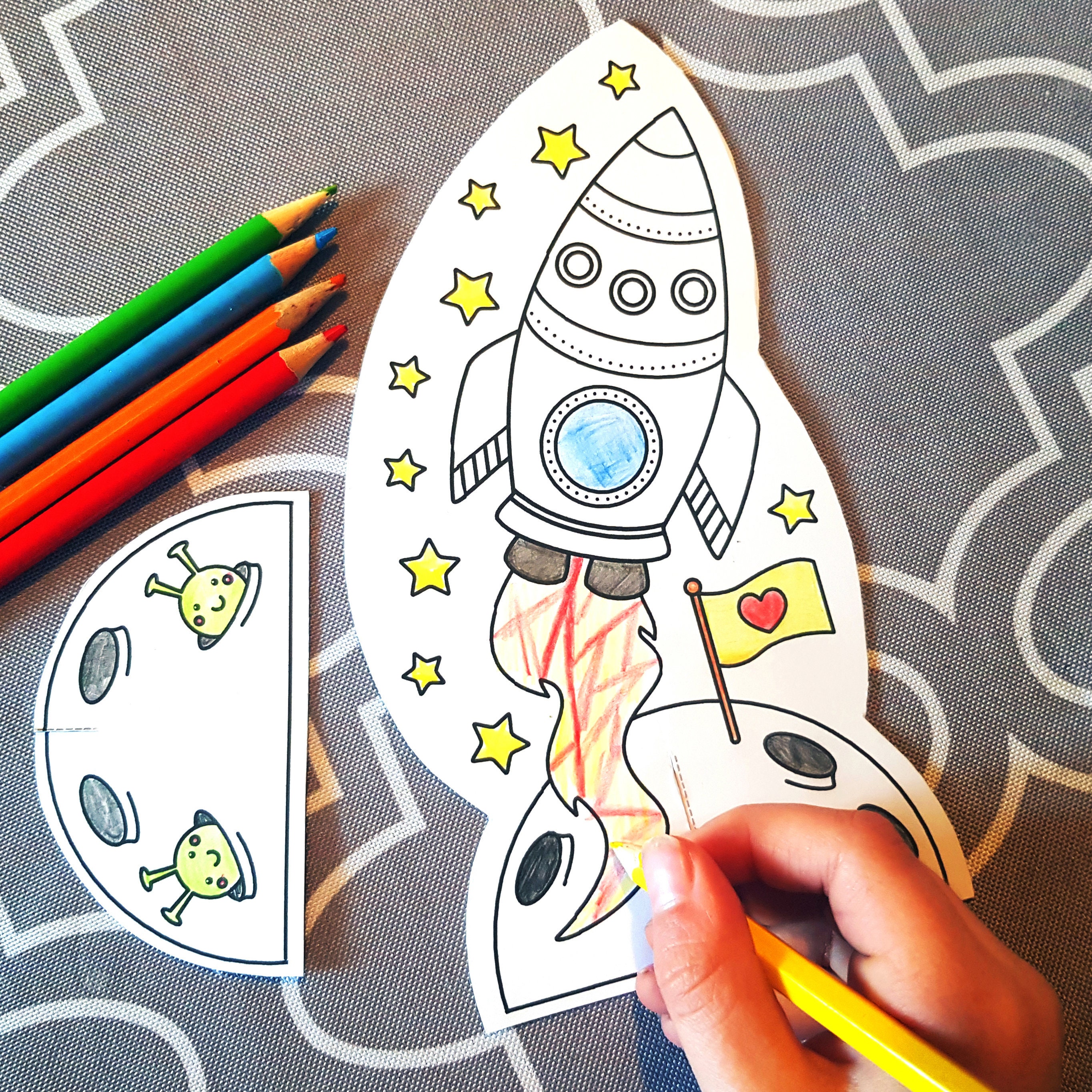 3D Rocket Card Craft, Kids Father's Day Space Coloring Gift, Cut-out ...