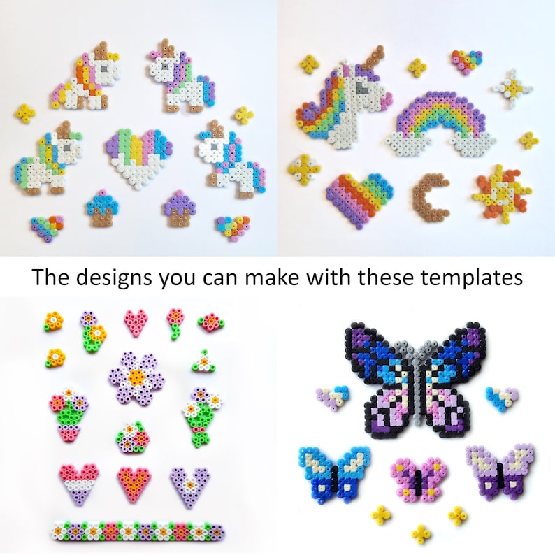 Unicorn & Butterfly Fuse Bead Template Bundle, Hearts and Flowers ...