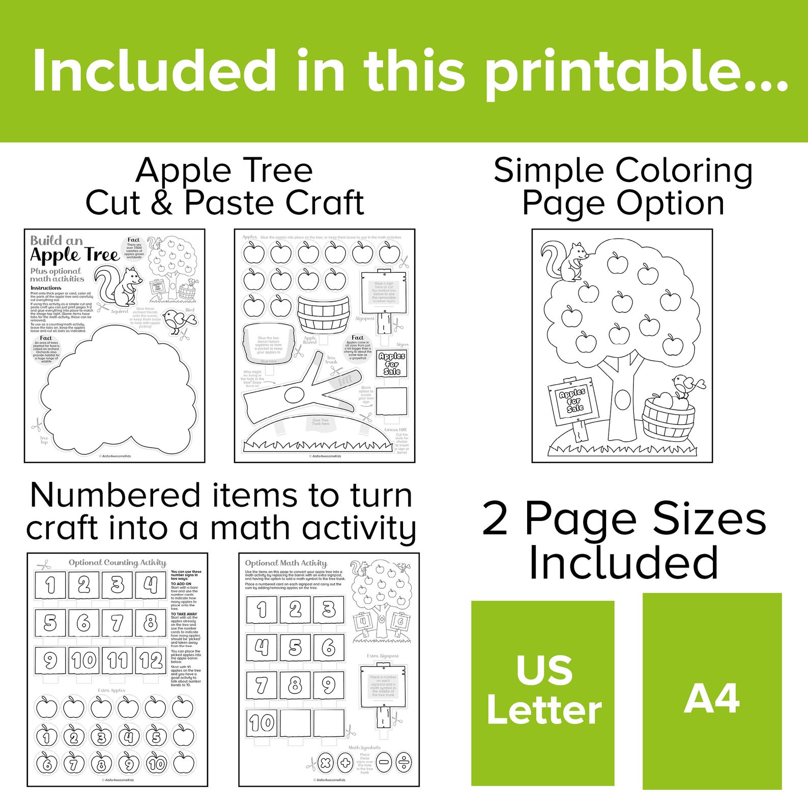 Build an Apple Tree Cut & Paste Craft, Fall Fruit Coloring Page ...