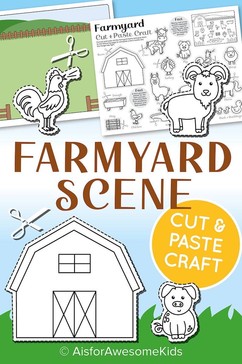 Farmyard Scene Cut & Paste Craft, Animal Park Coloring Page Picture ...