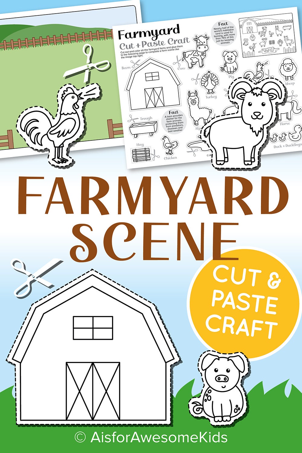Farmyard Scene Cut & Paste Craft, Animal Park Coloring Page Picture ...