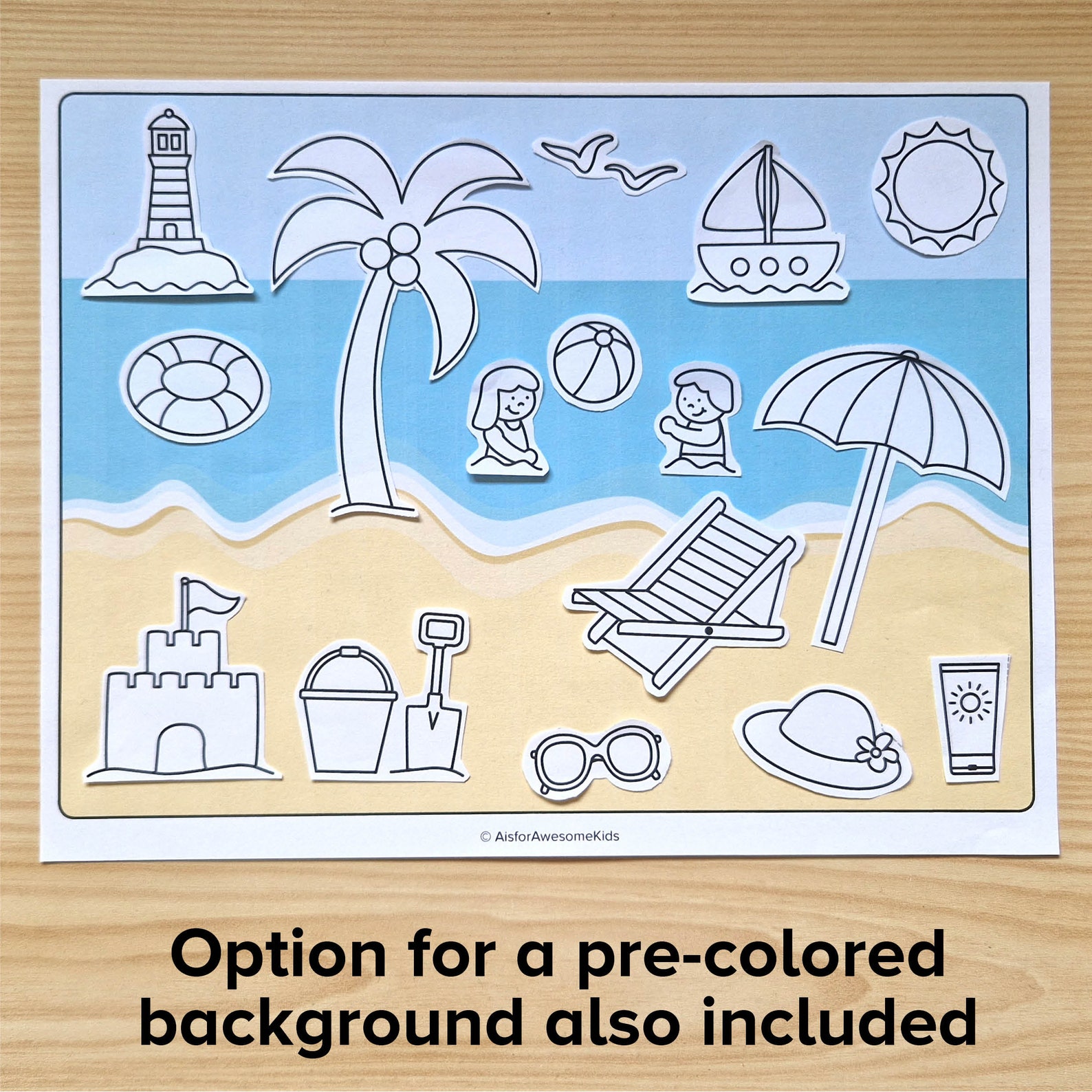 Beach Scene Cut & Paste Craft, Seaside Coloring Page Activity, Summer ...
