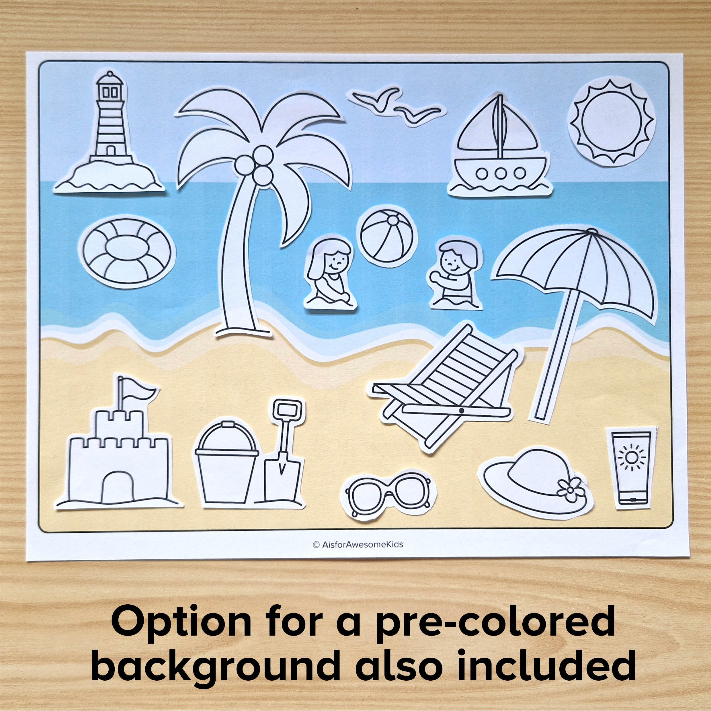Beach Scene Cut & Paste Craft, Seaside Coloring Page Activity, Summer ...