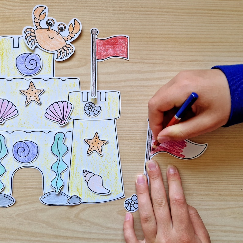 Sandcastle Cut & Paste Craft Printable, Beach Castle Color Build Kit ...