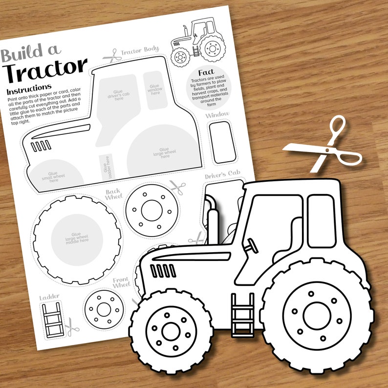 Tractor Cut & Paste Craft Printable, Spring Farmyard Vehicle Color and ...