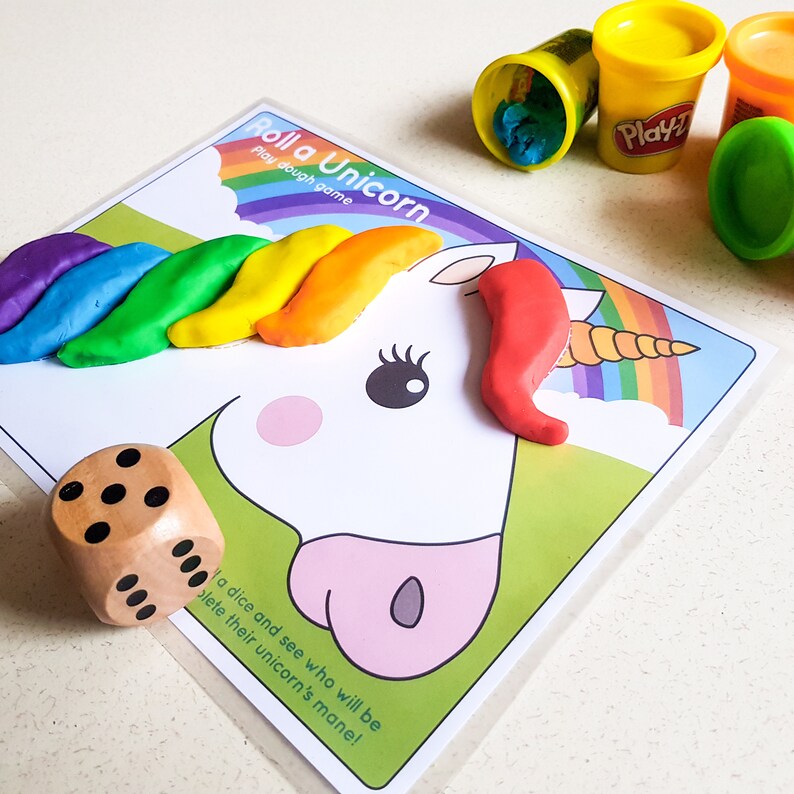 Roll a Unicorn Play Dough Mat Dice Game, Kids Rainbow Playdough ...